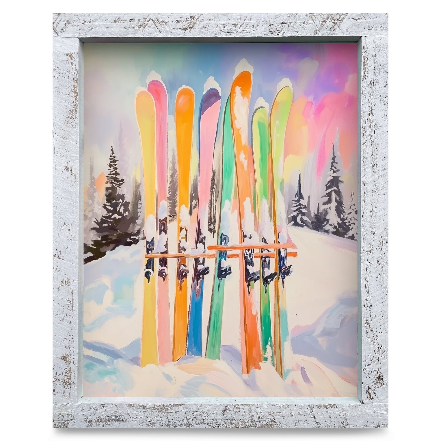 Colorful Skis & Pines | Real Wood Framed Wall Art Print – Mill Wood Art ...